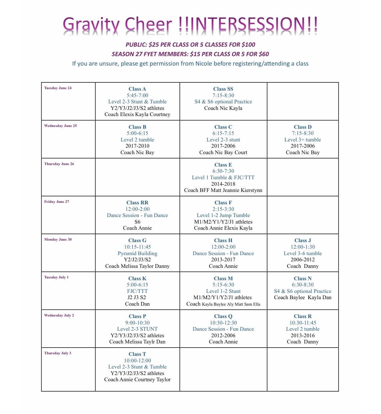 Intersession Classes - Summer 2025 FYET | Gravity Cheer